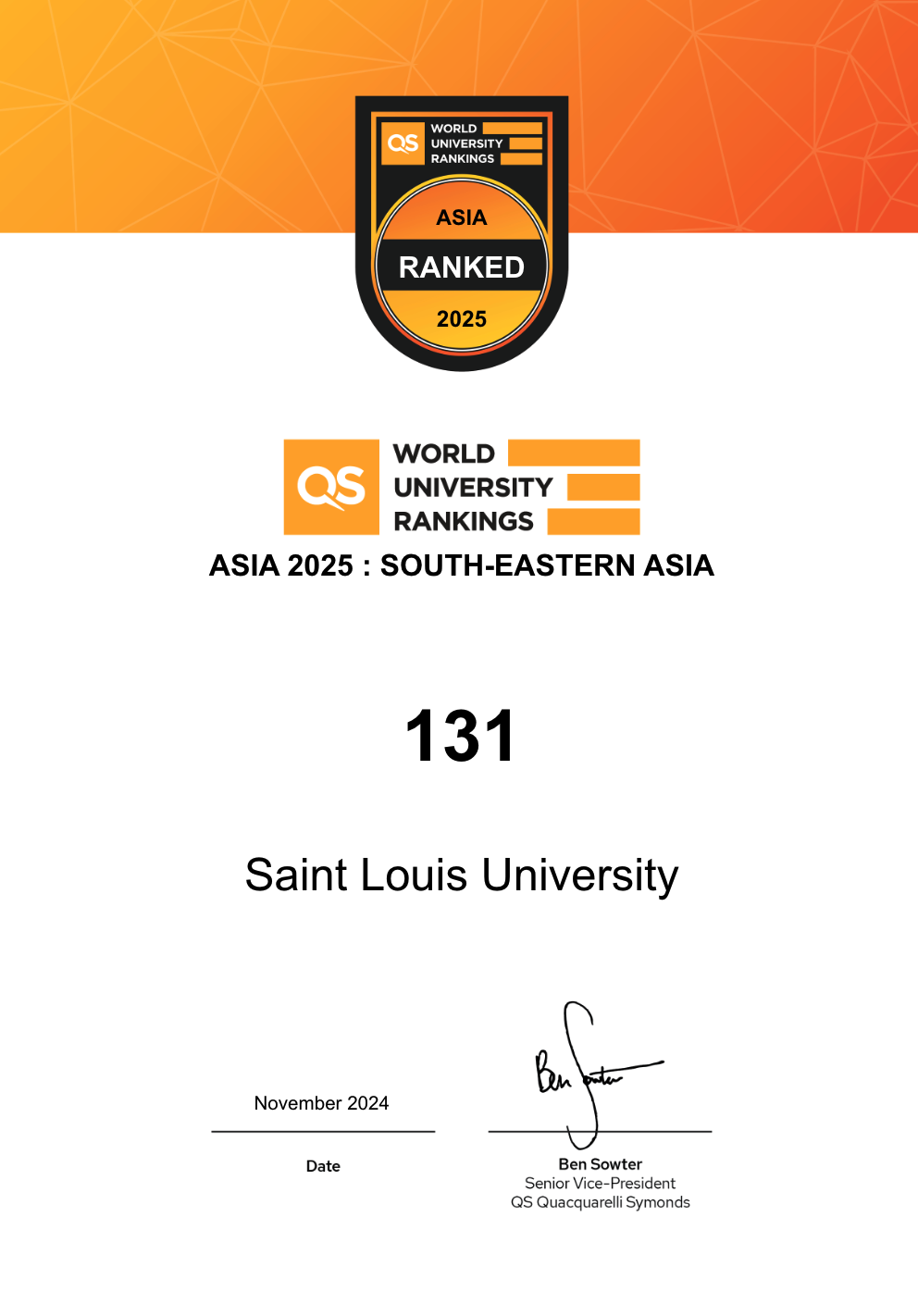 SLU reaffirms excellence with QS Asia University Rankings 2025 - Saint Louis University, Philippines